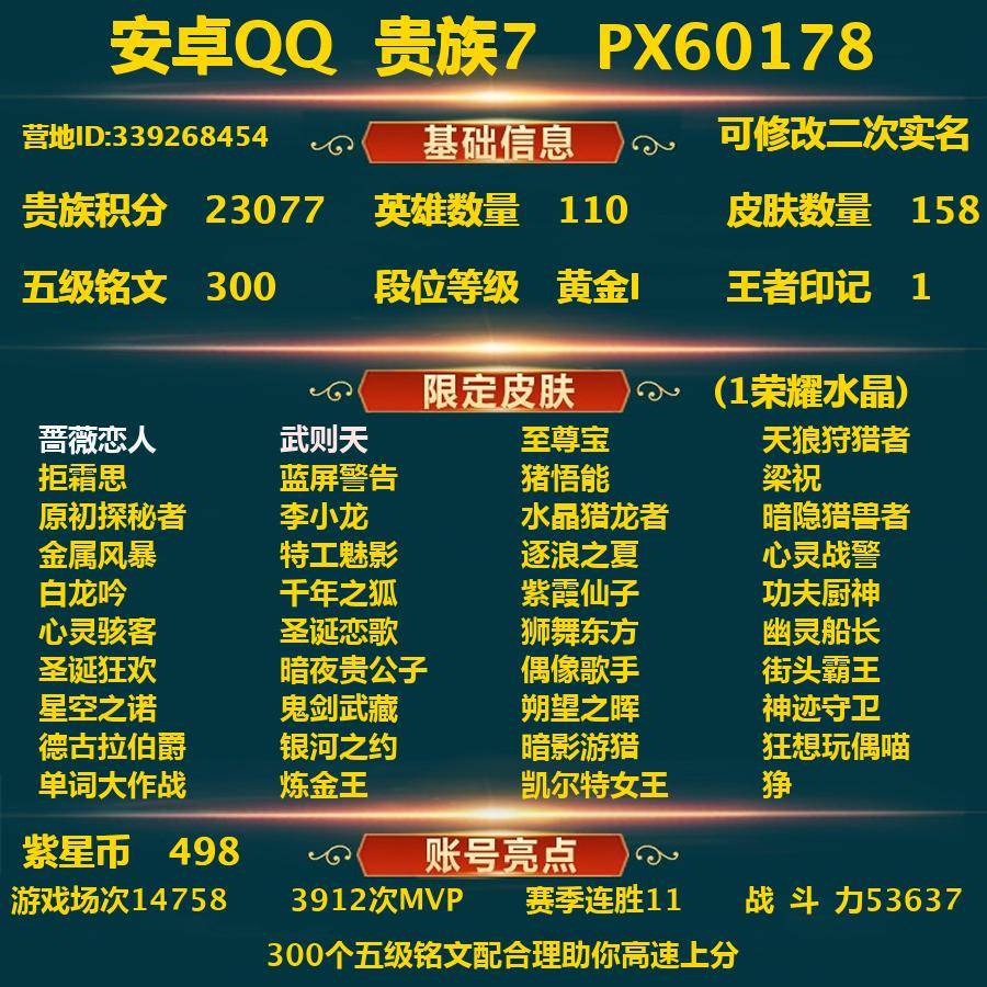 【可二次】【QQ（安卓）】PX60178-安卓Q-V7-110英雄-158皮肤-300五级铭文-（可二次实名）,1王者印记,498紫星币,1内测,蔷薇恋人,1水|王者荣耀/安卓系统/QQ账号 ...