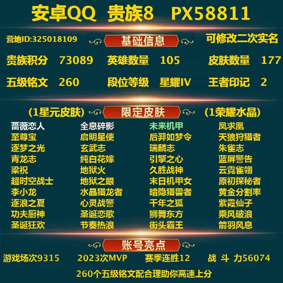 【可二次】【QQ（安卓）】PX_58811安卓Q-V8-105英雄-177皮肤-260五级铭文-（可二次实名）,2王者印记,1内测,蔷薇恋人,1水晶,全息碎影,|王者荣耀/安卓系统/QQ账号 ...